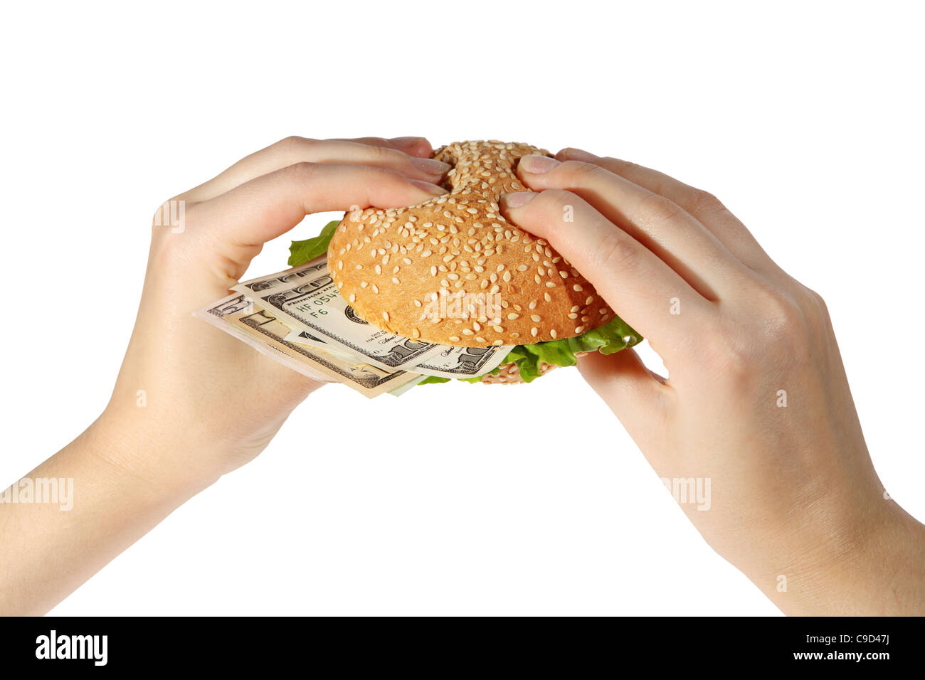 Hamburger with money in hand on white background Stock Photo - Alamy