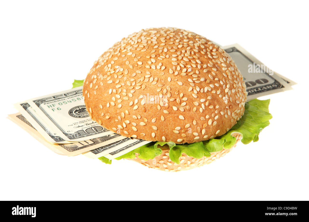 Hamburger with money on the white background Stock Photo - Alamy