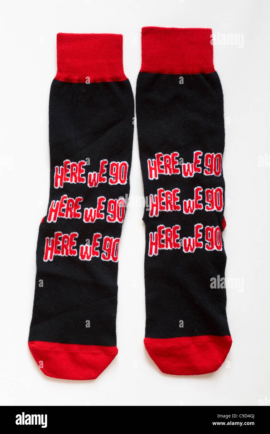 Novelty socks here we go here we go here we go isolated on white ...