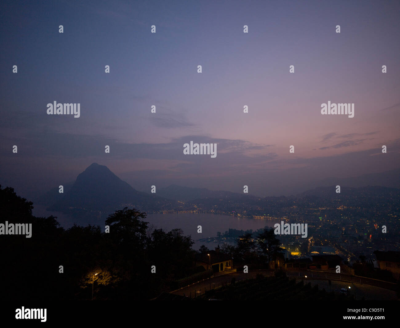 Switzerland, Ticino, Lugano, Lake Lugano, landscape at dusk Stock Photo ...