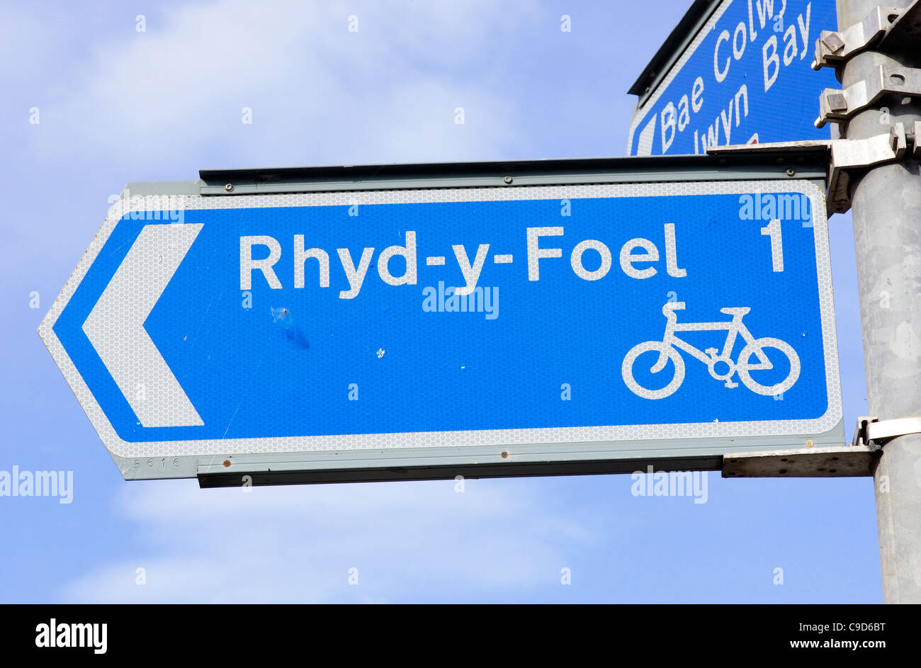 A cycle-track sign showing a route to Rhyd-y-Foel near Colwyn Bay in ...