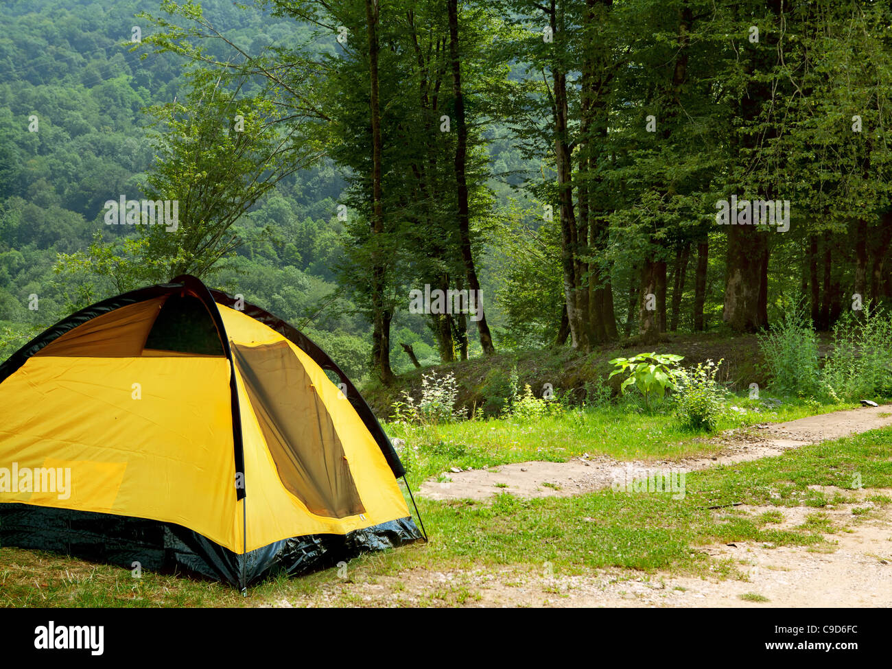 yellow tent in a mountain forest Stock Photo - Alamy