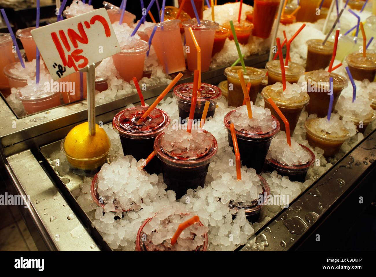 Cold fruit juice cocktails at the market in Tel Aviv Israel Stock Photo ...