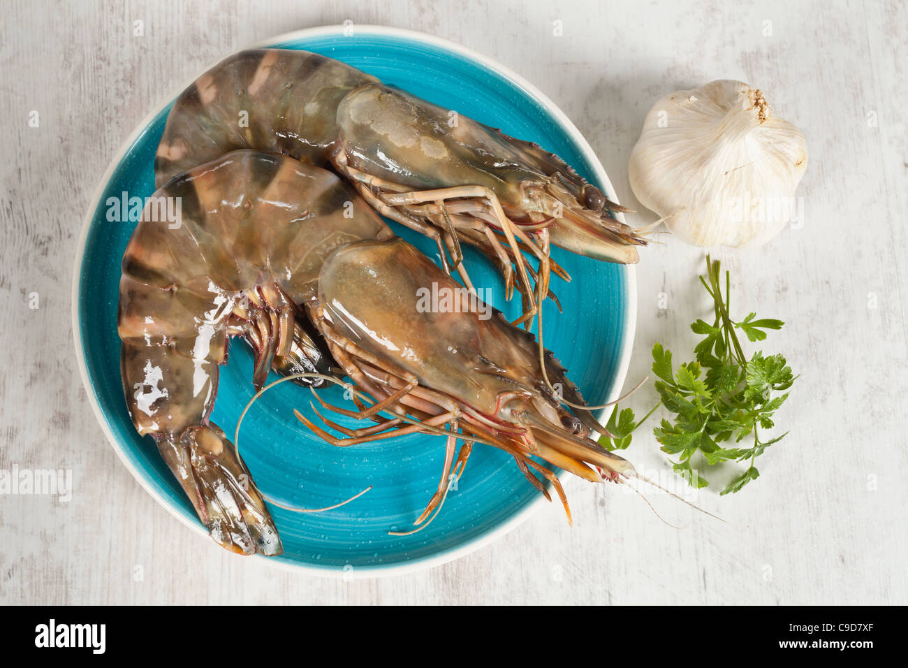 Fresh raw big prawn on a blue plate Stock Photo - Alamy