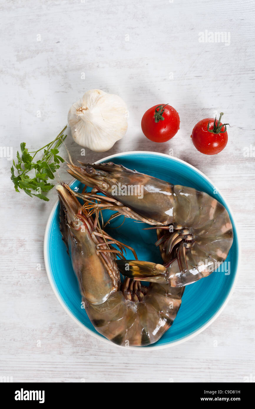 Fresh raw big prawns on a blue plate Stock Photo - Alamy