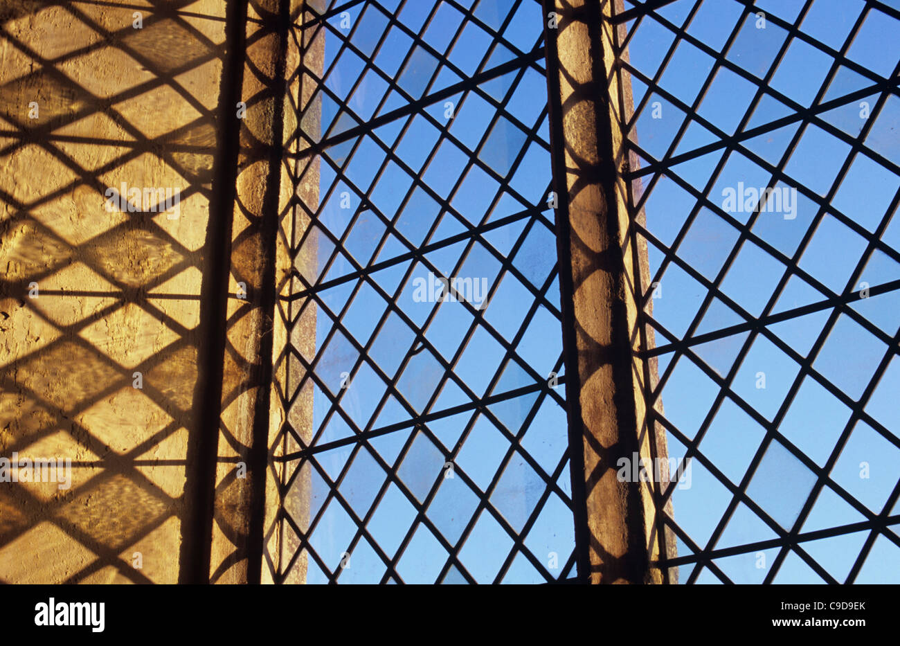 United Kingdom, Norfolk, Detail of diamond-leaded window set in carved ...