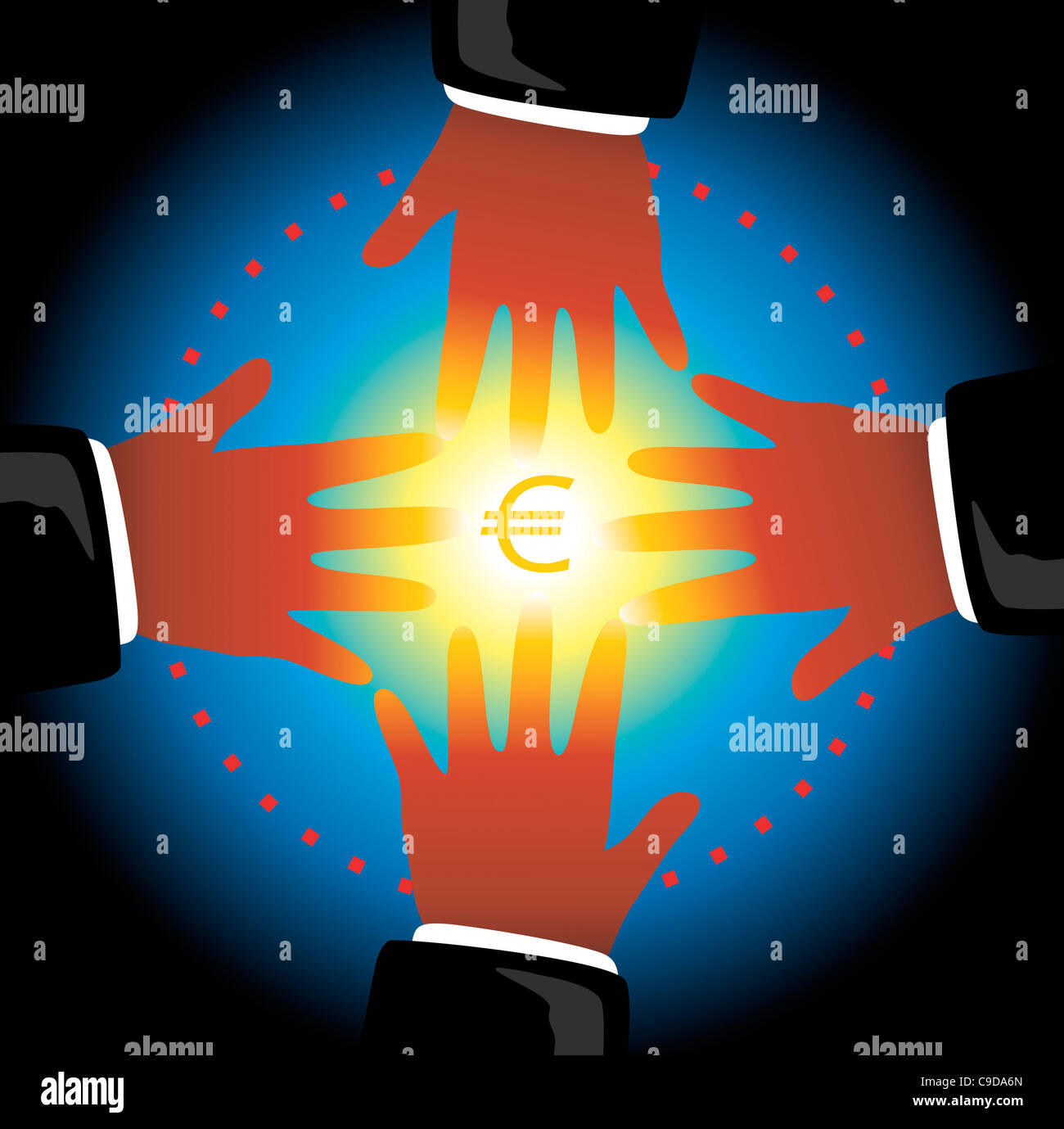 Hands reaching for glowing Euro sign, illustration Stock Photo - Alamy