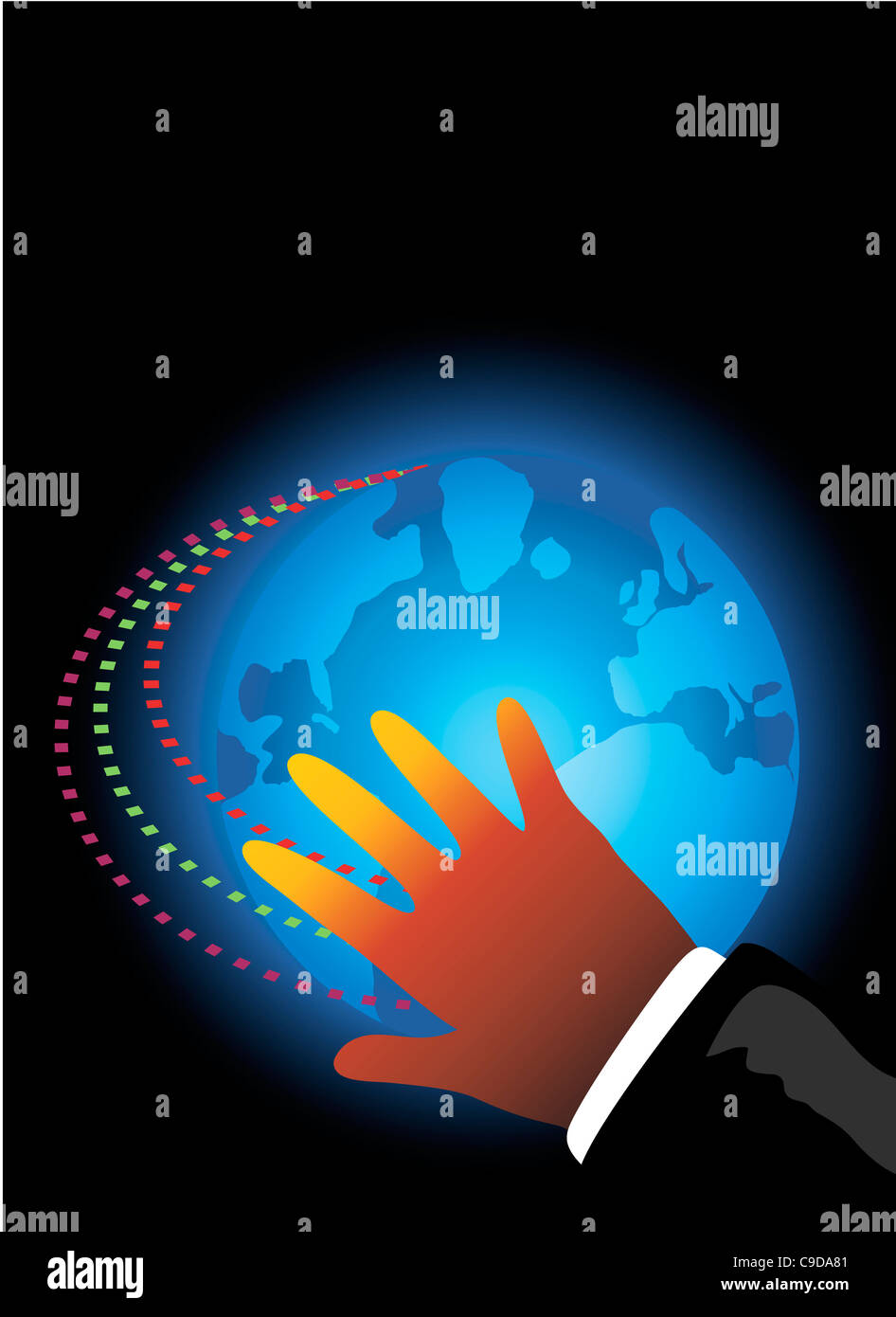 Hand reaching for glowing globe, illustration Stock Photo - Alamy