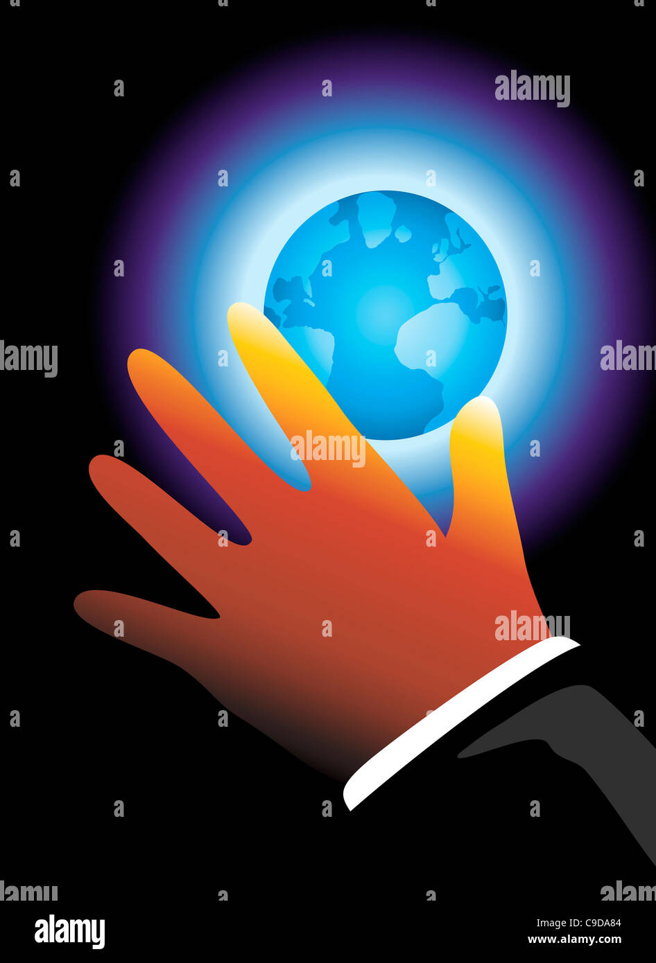 Hand reaching for glowing globe, illustration Stock Photo - Alamy