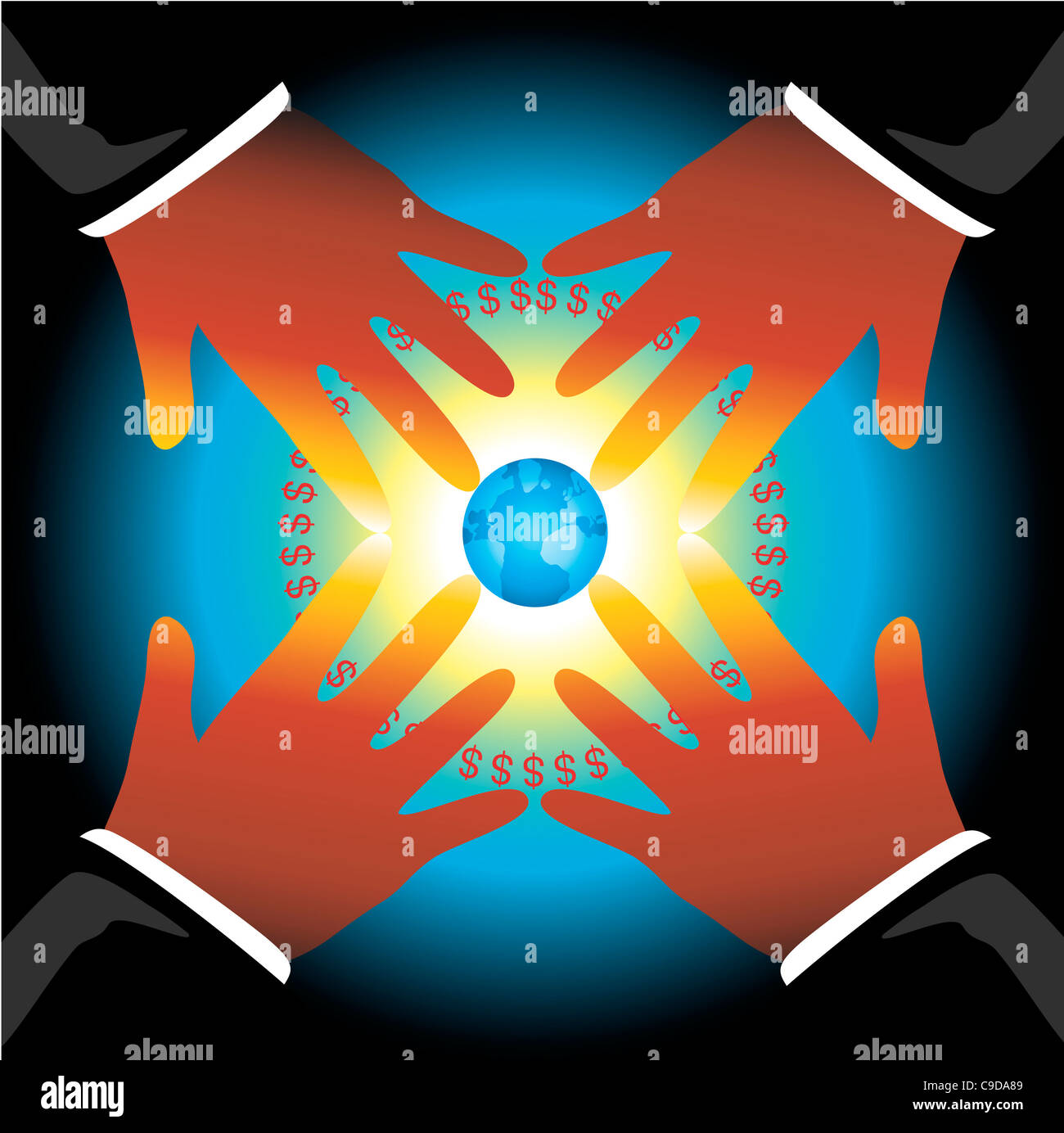 Hands reaching for glowing globe surrounded with Dollar signs Stock ...
