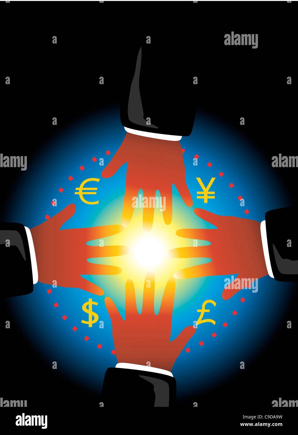 Hands with currencies signs Stock Photo - Alamy