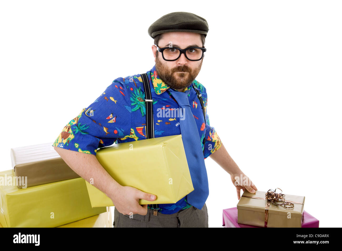 happy silly salesman with some boxes, isolated on white Stock Photo - Alamy