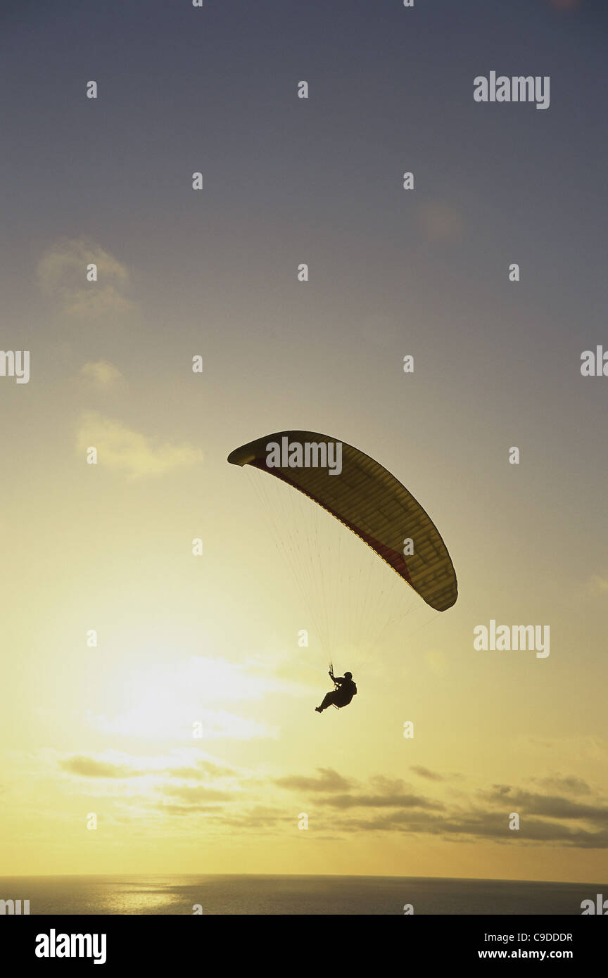 Silhouette of a parasailor at sunset Stock Photo - Alamy