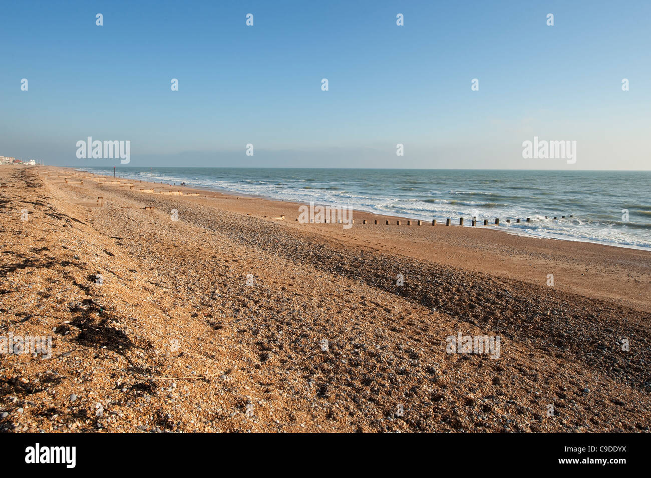 Long shingle beach at Bexhill on Sea, East Sussex, in evening sunlight ...