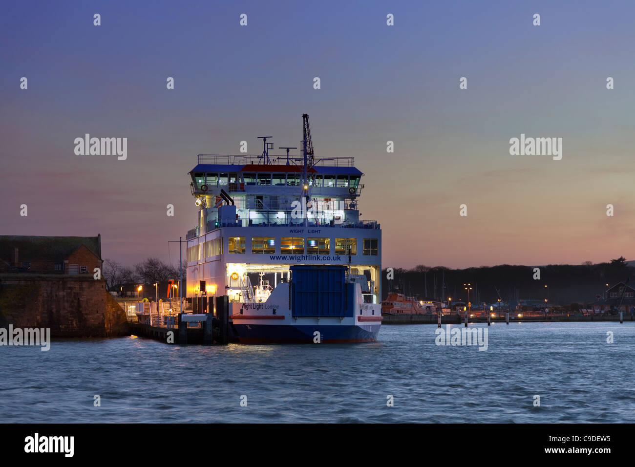 Solent Ferry Isle of Wight Yarmouth Lymington route at Dusk at entrance ...