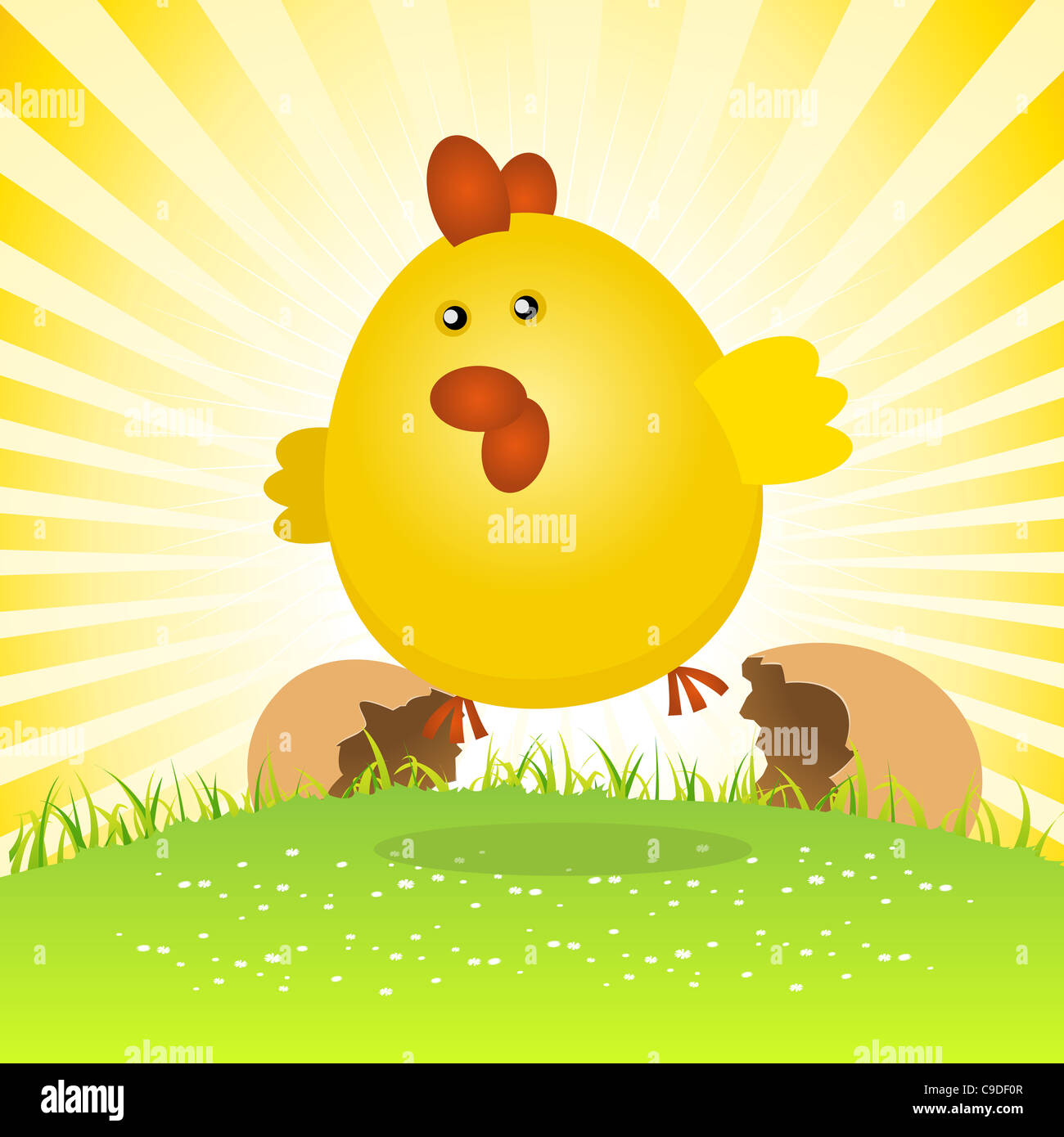 Illustration of a tiny spring easter chick birth, jumping from the eggs ...