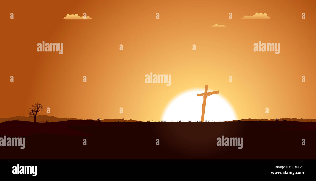 Illustration of a Christian cross silhouette with rising sun behind in ...