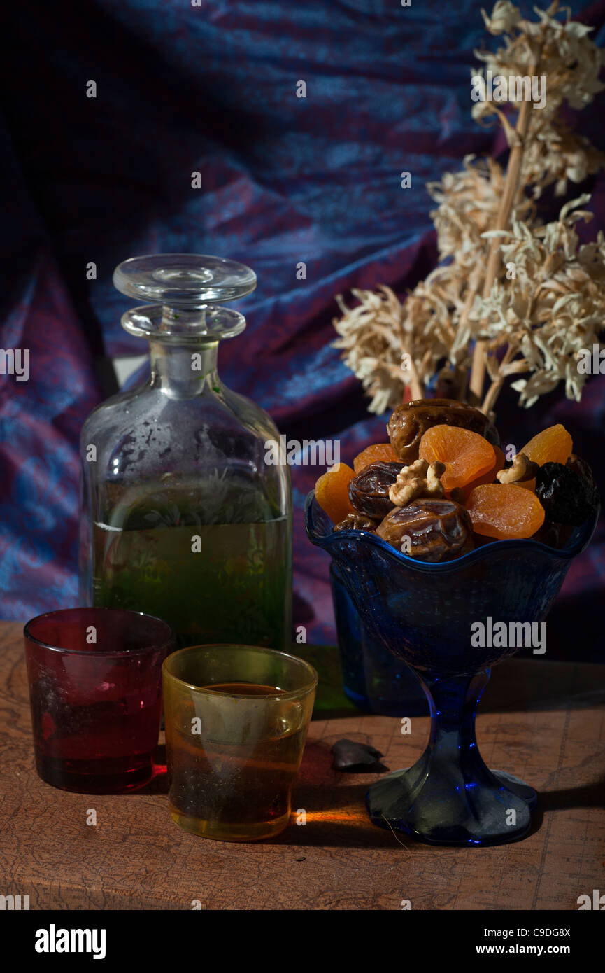 Mediterranean Still life Olive oil and dried fruit Stock Photo - Alamy
