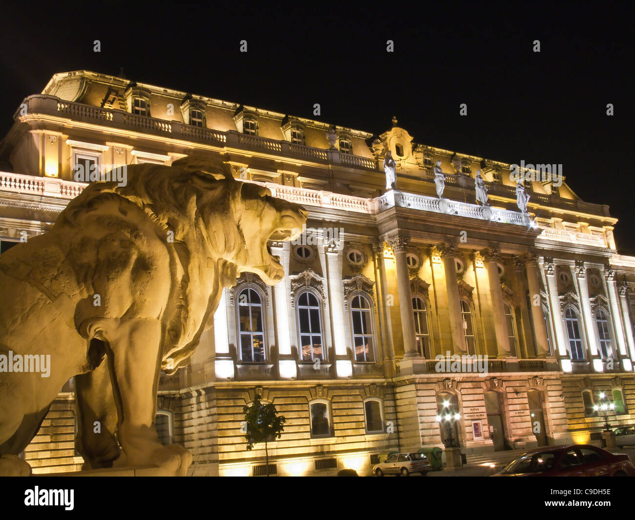 Hungary, Budapest, Lions Court of Buda Castle illuminated at night ...
