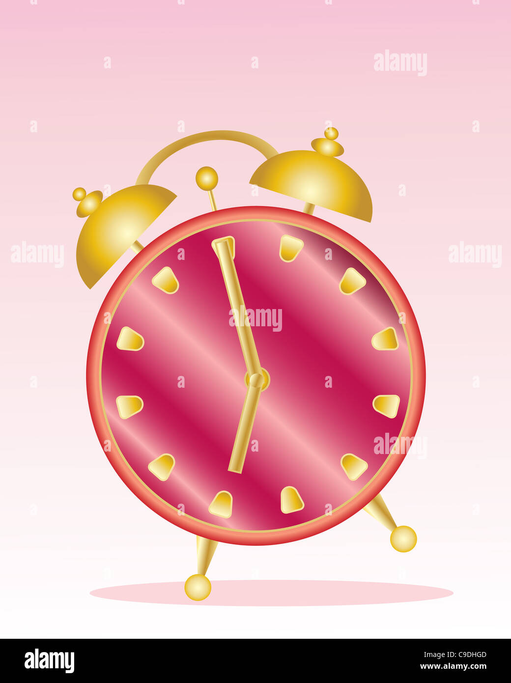 an illustration of an alarm clock with red face and gold handles on a ...