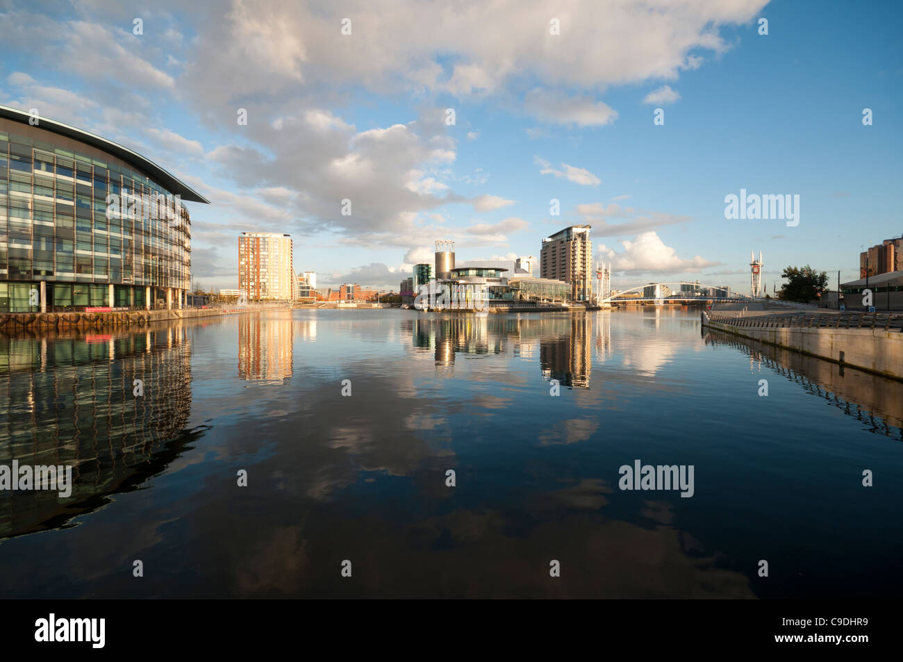 The Quays from the MediaCityUK footbridge, Salford Quays, Manchester ...