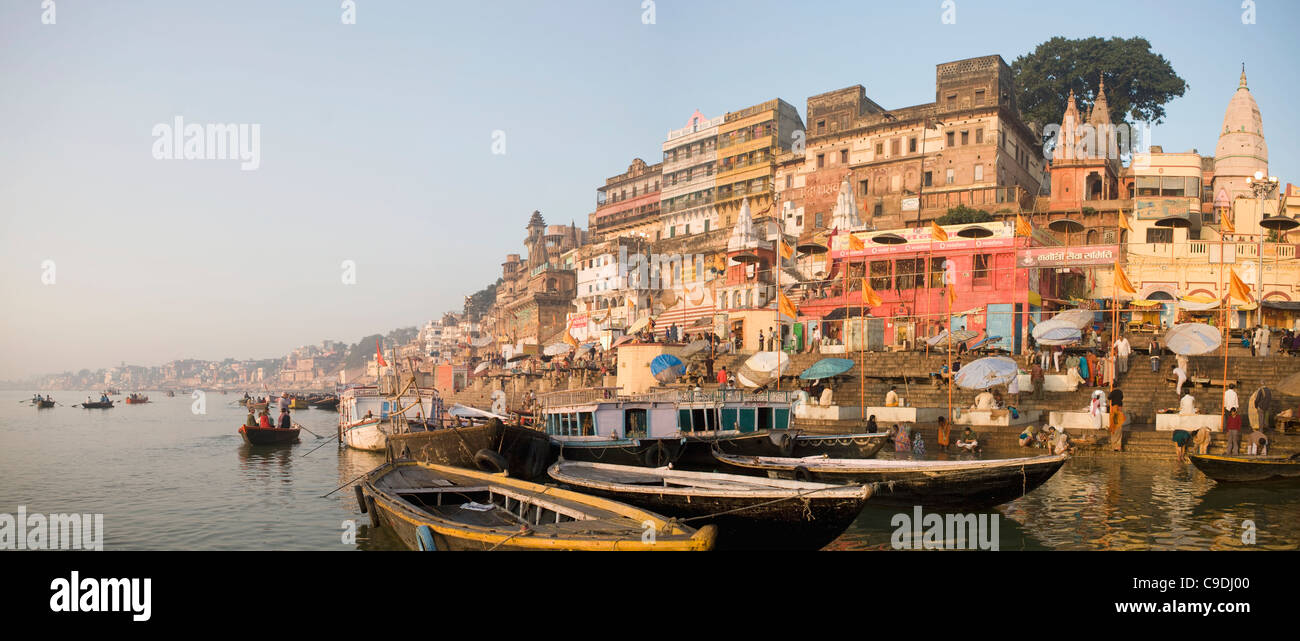 India, Uttar Pradesh, Varanasi, Panoramic view of Ganges riverfront ...