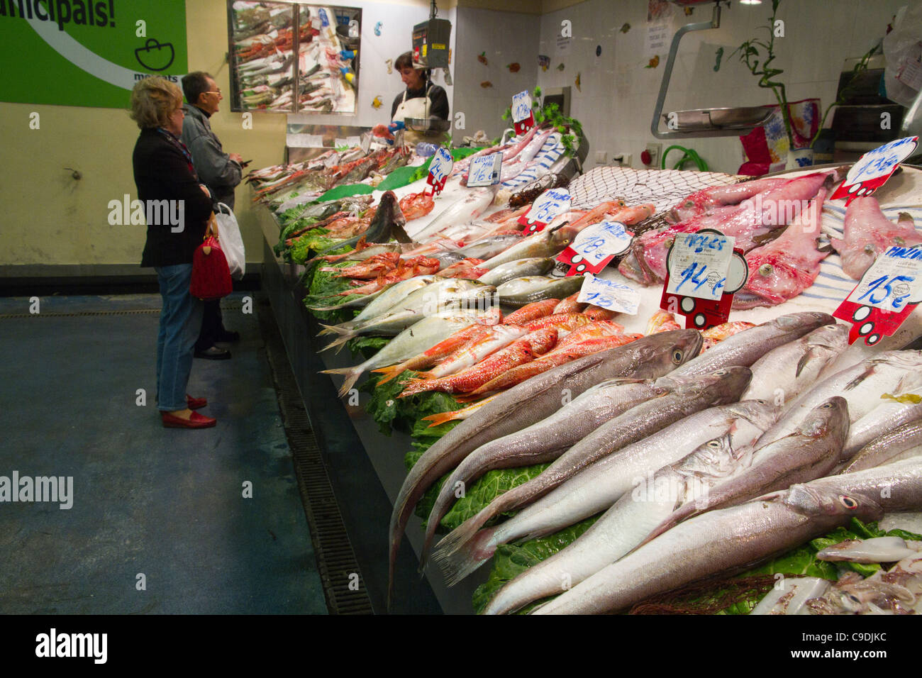 People buying Fish in supermarket counter Palma de Mallorca Majorca ...