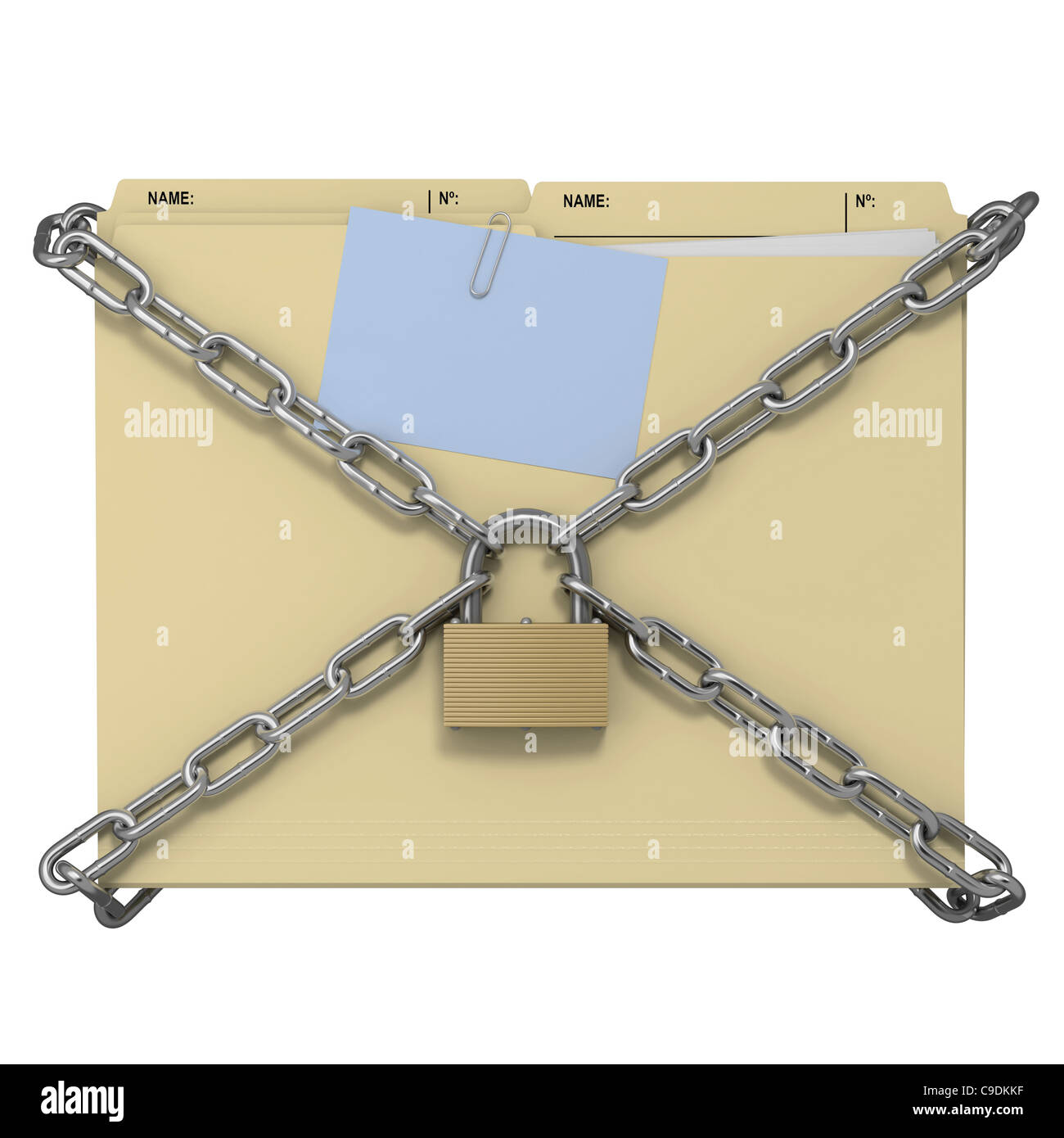 Manila office file or folder, post-it note and clip with chains and ...