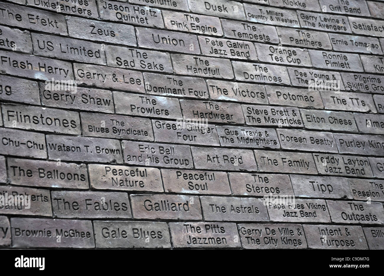 A brick wall containing names of pop groups who have played at The ...