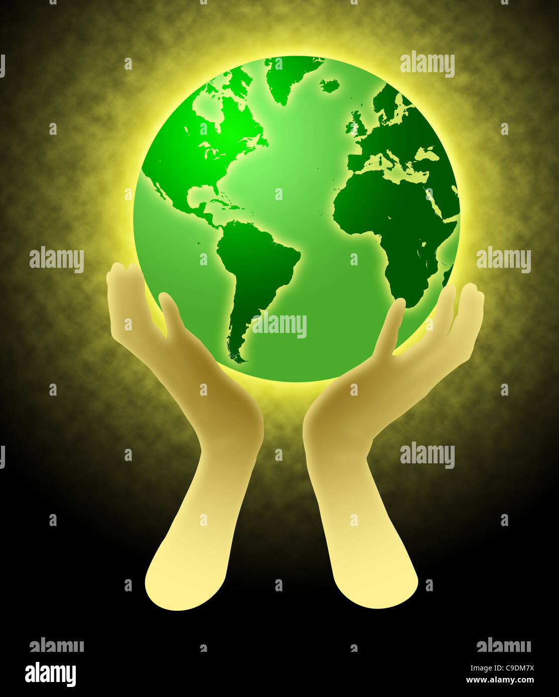 Two Hands Holding Glowing World Globe Illustration Stock Photo - Alamy
