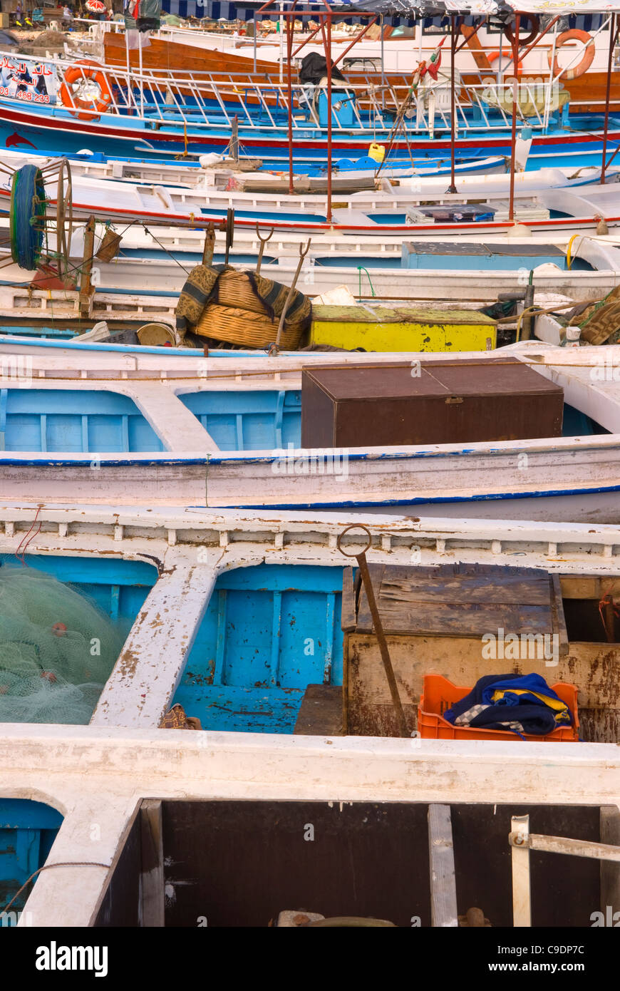 Colourful fishing boats moored at the port, Tyre, southern Lebanon ...