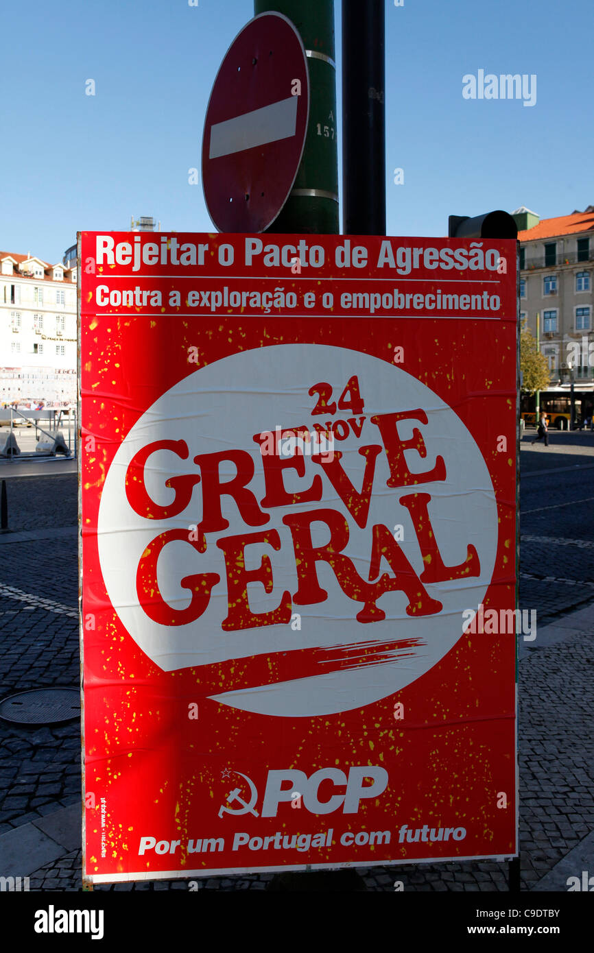 A poster advertises the 24-hour Portuguese General Strike in Lisbon ...