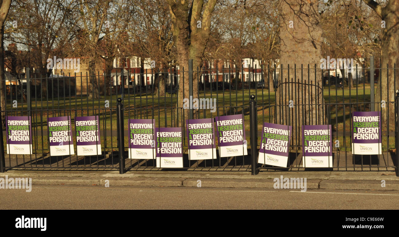 London, UK, 30/11/2011 Placards of striking public sector workers on ...