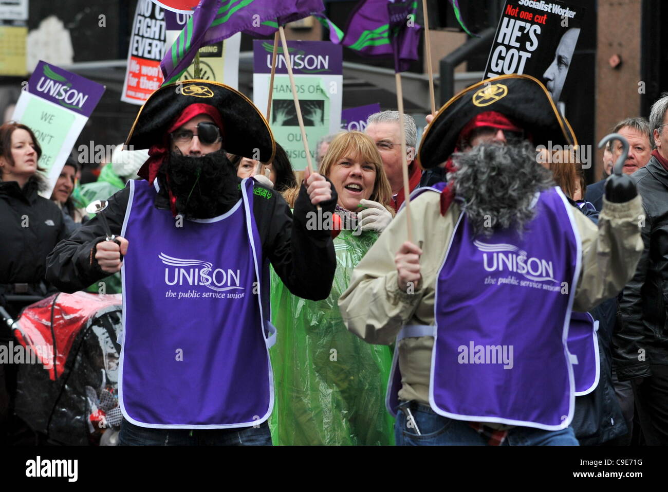 Glasgow, UK. 30th Nov, 2011. Unison union members in fancy dress chant ...