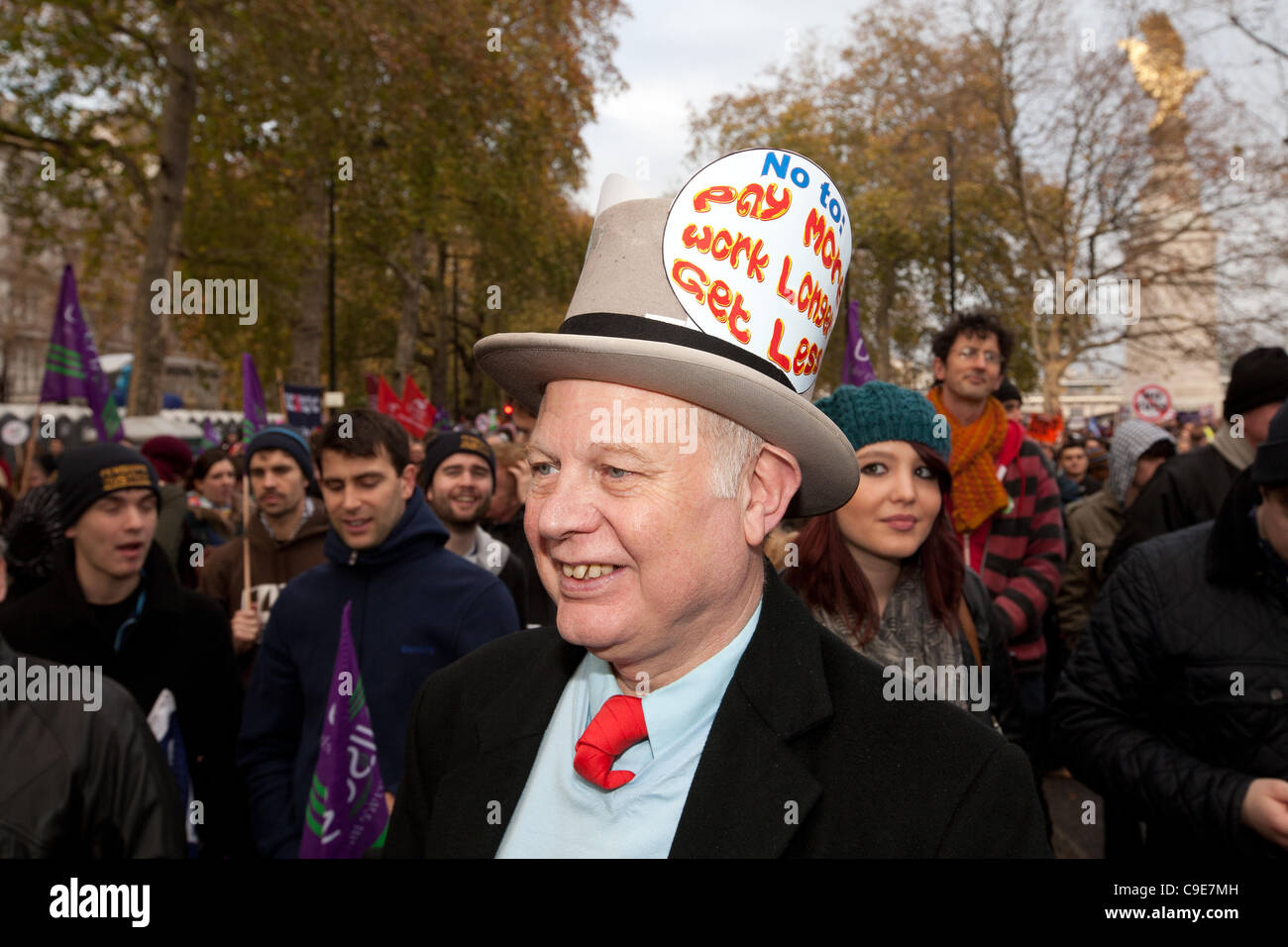 London, UK, 30/11/201. Top hat wearing public sector worker marching to ...