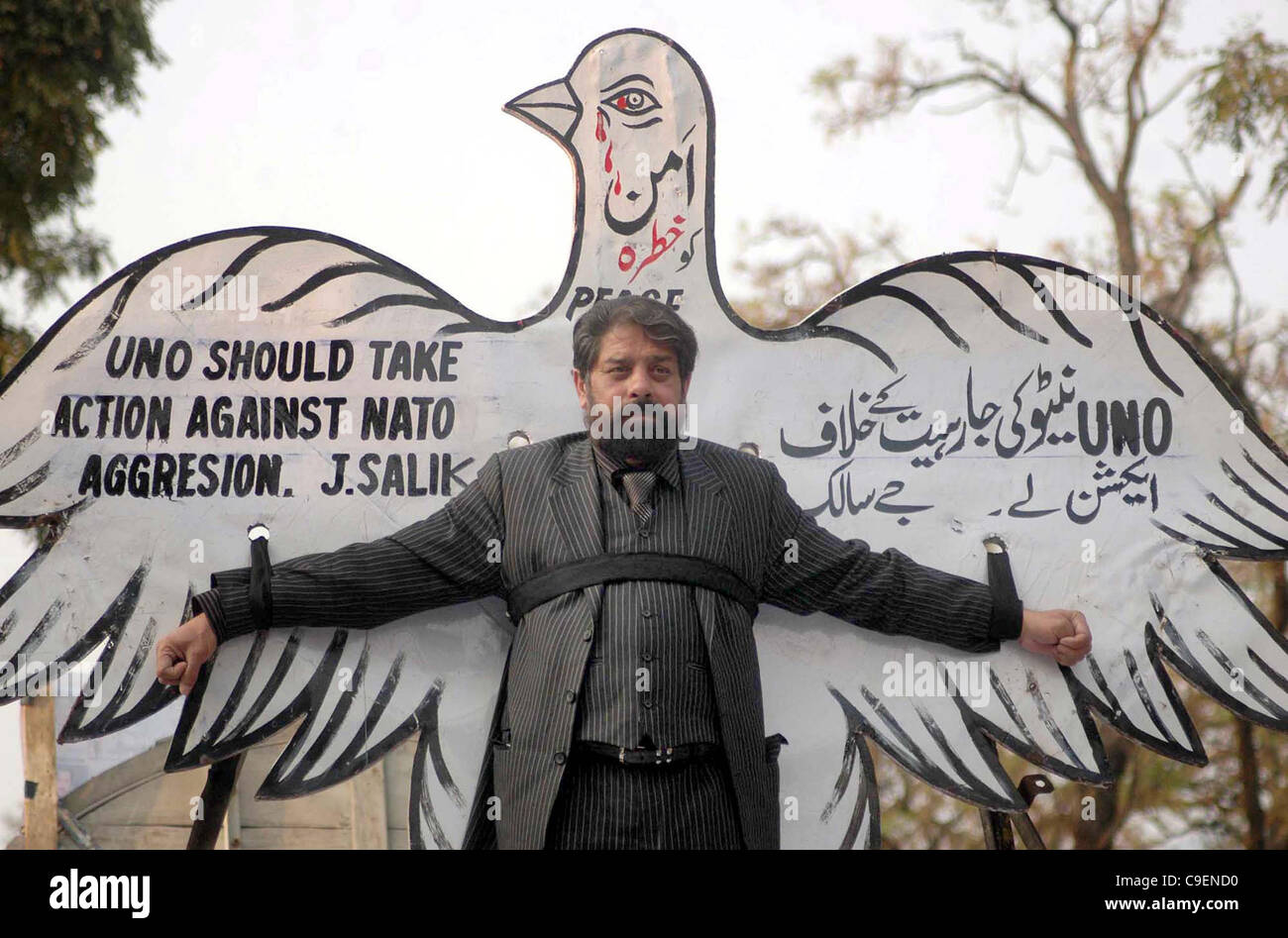Human rights activist J.Salik is protesting against NATO attack in the ...