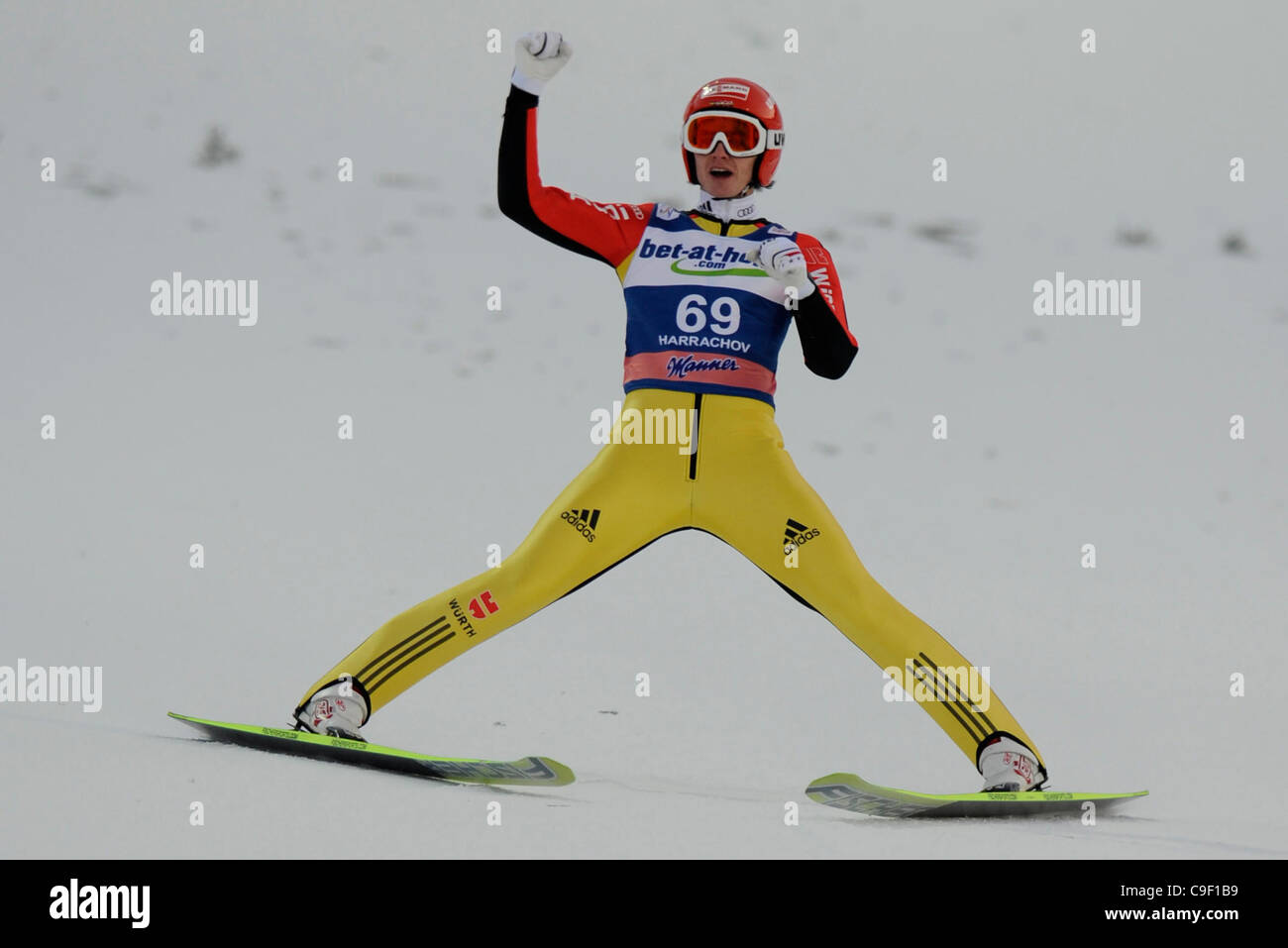 Richard Freitag of Germany celebrates after winning the H-142 ski ...