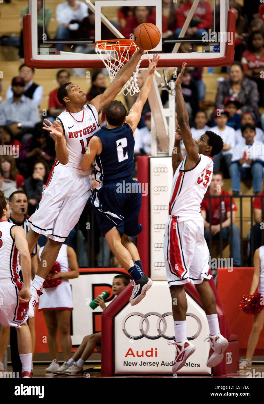 December 12 2011: Rutgers' forward/center Derrick Randall (15) blocks ...