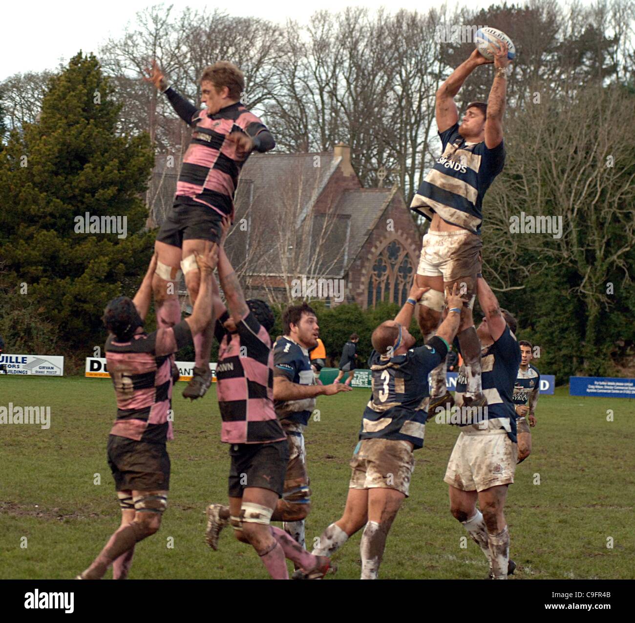 In tandem. Both Ayr and Bristol forwards jumping for the ball at a line ...