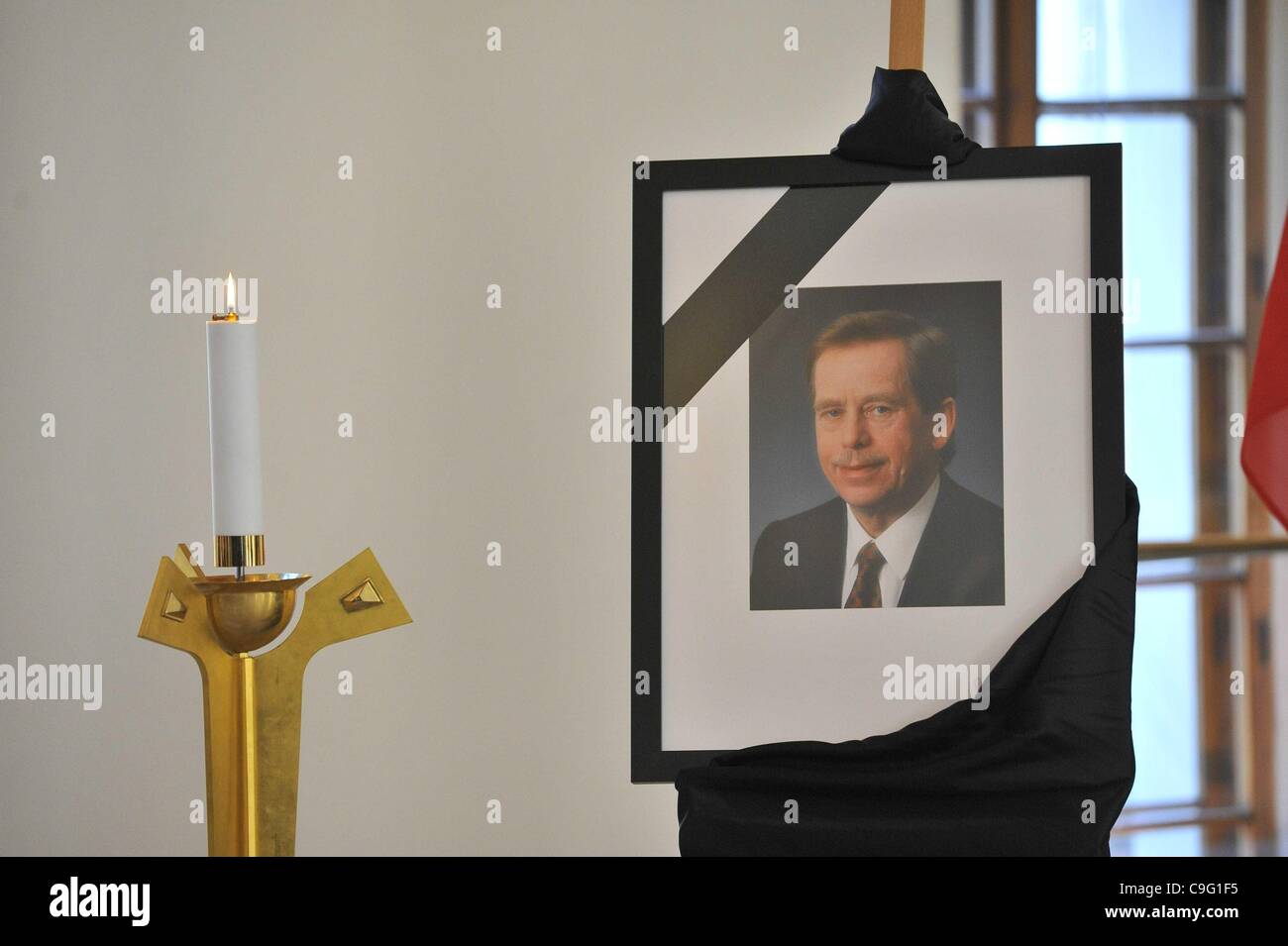 Portrait of Vaclav Havel with a black ribbon at Prague Castle where ...