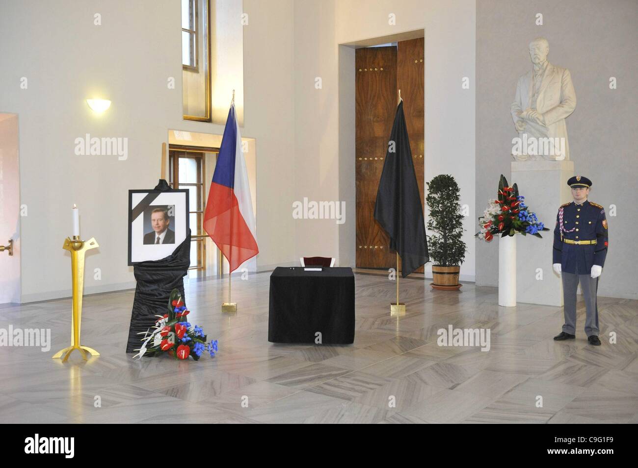 Portrait of Vaclav Havel with a black ribbon at Prague Castle where ...