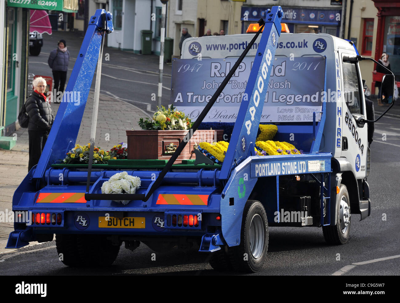 Skip lorry funeral, Britain, UK Stock Photo - Alamy