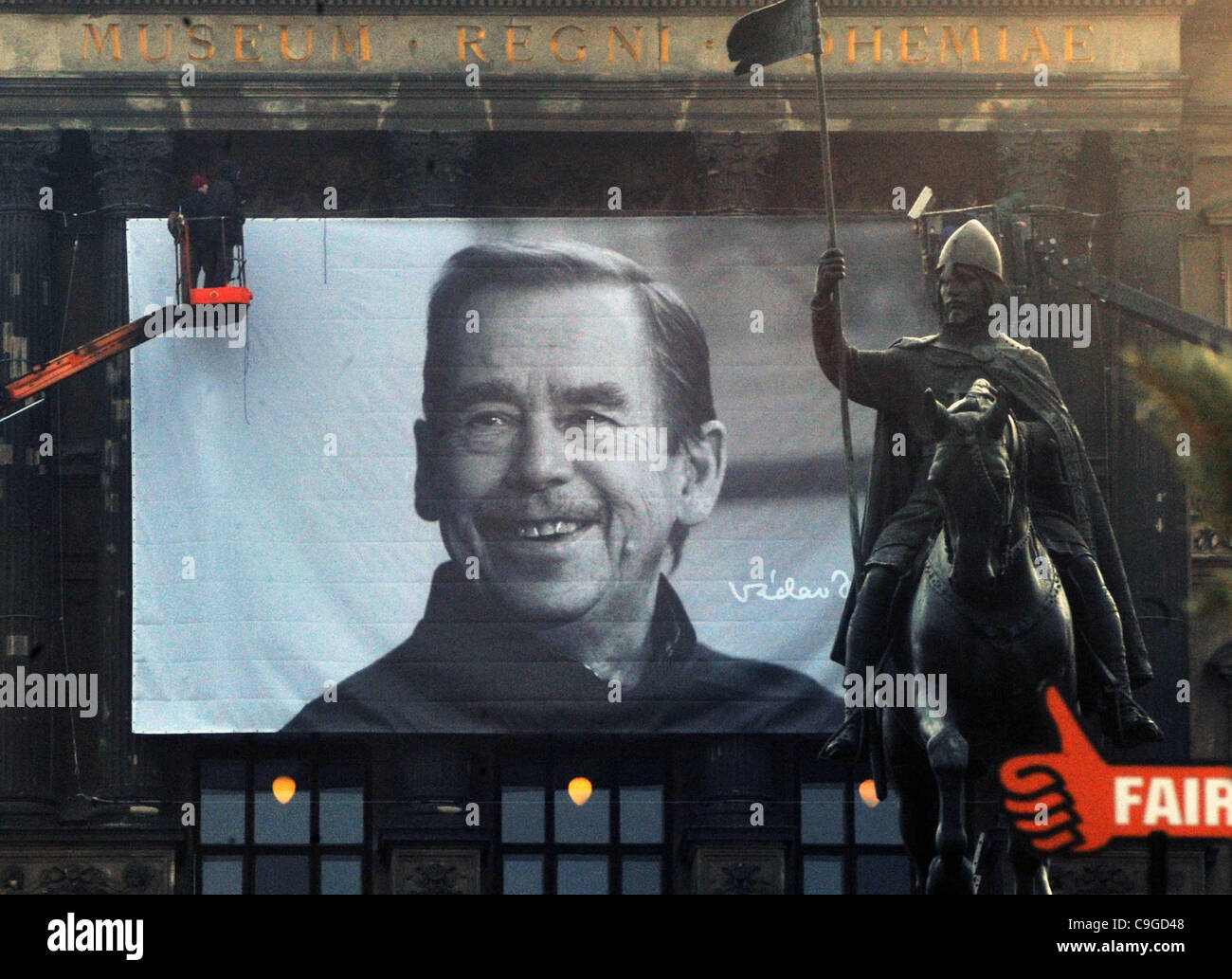 Portrait of Vaclav Havel on the the facade of the National Museum in ...