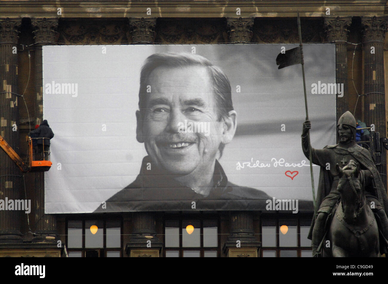 Portrait of Vaclav Havel on the the facade of the National Museum in ...