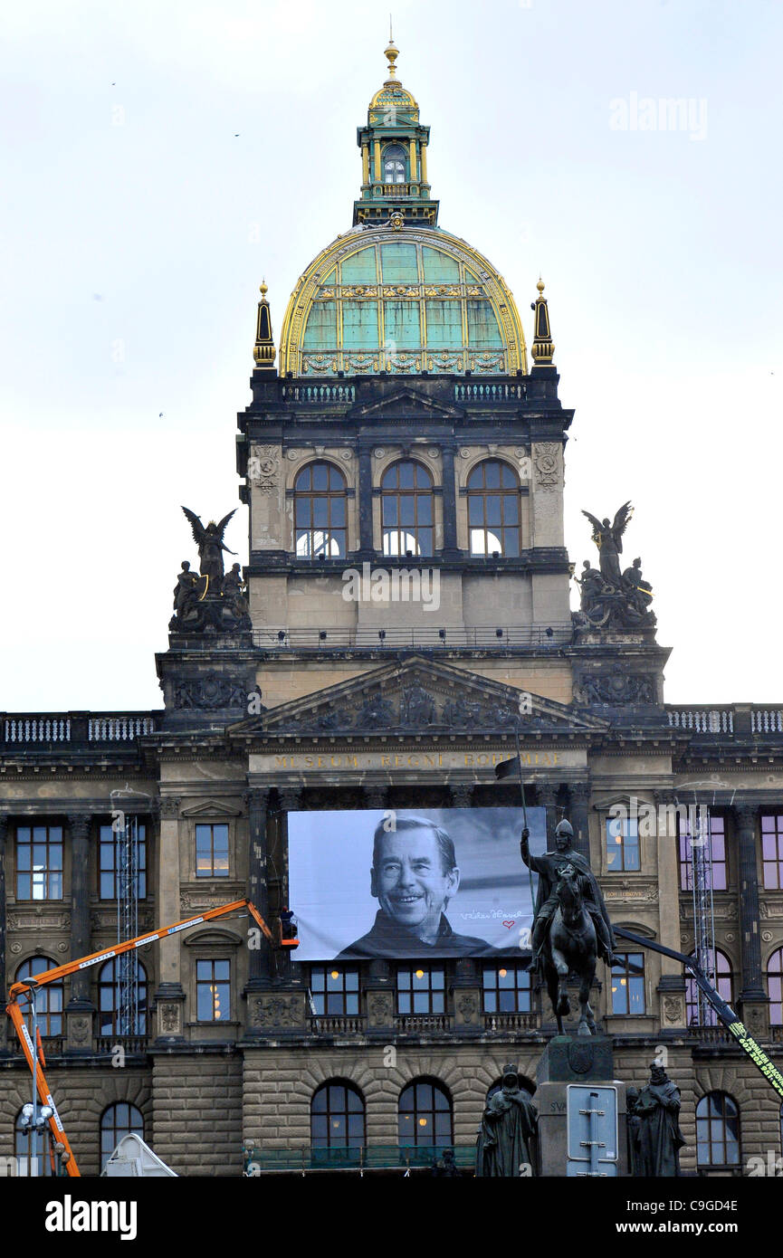Portrait of Vaclav Havel on the the facade of the National Museum in ...