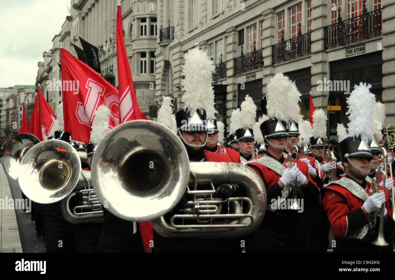 Marching band with trombones during London's New Year's Day Parade. 01 ...
