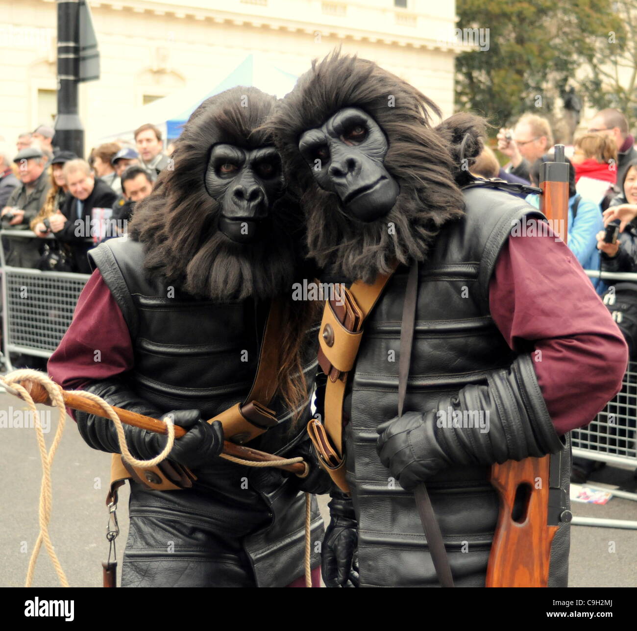 Two apes from the movie, the Planet of the Apes marching during London ...