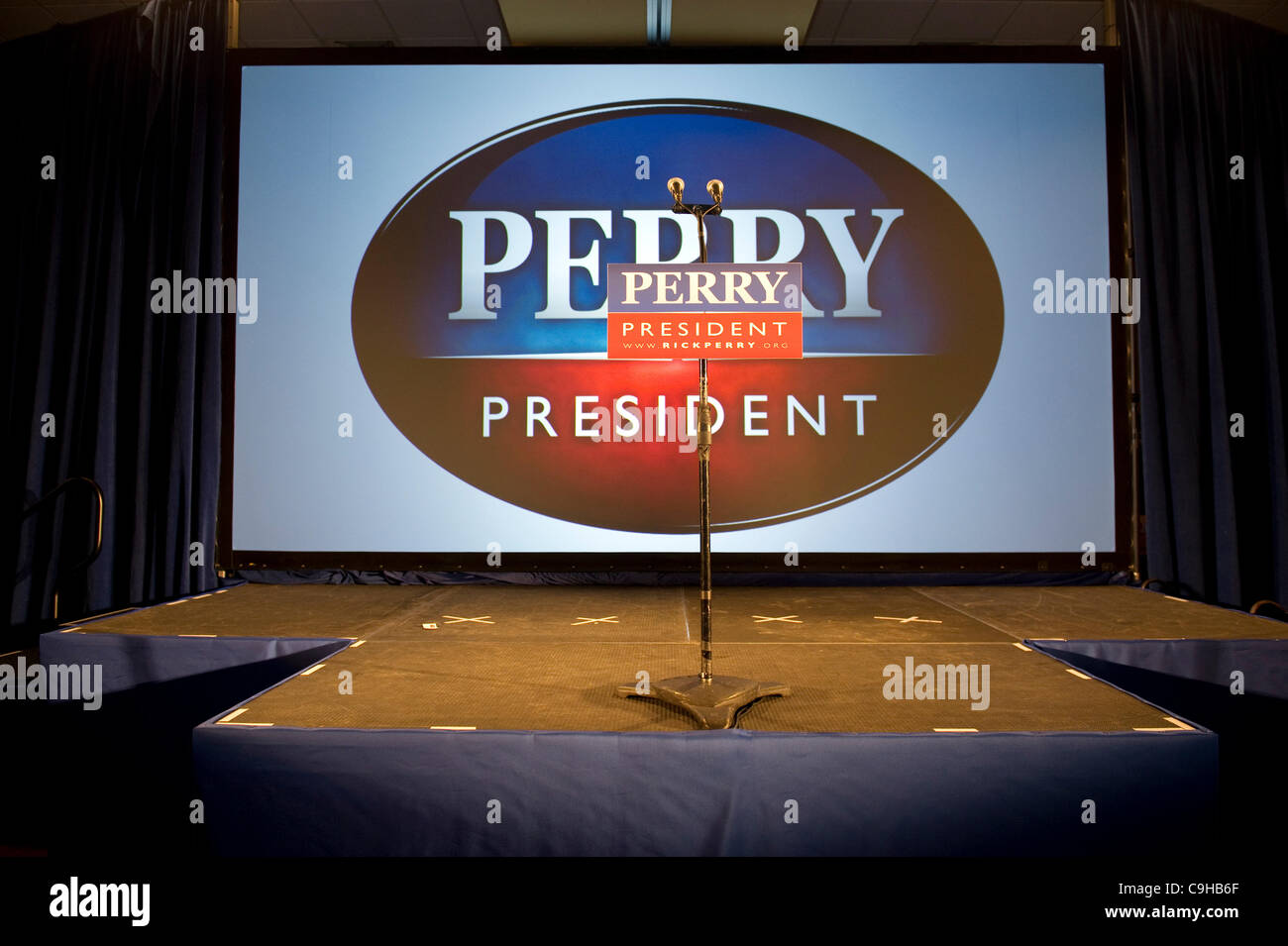 Stage set with signs for Republican presidential nominee candidate Rick ...