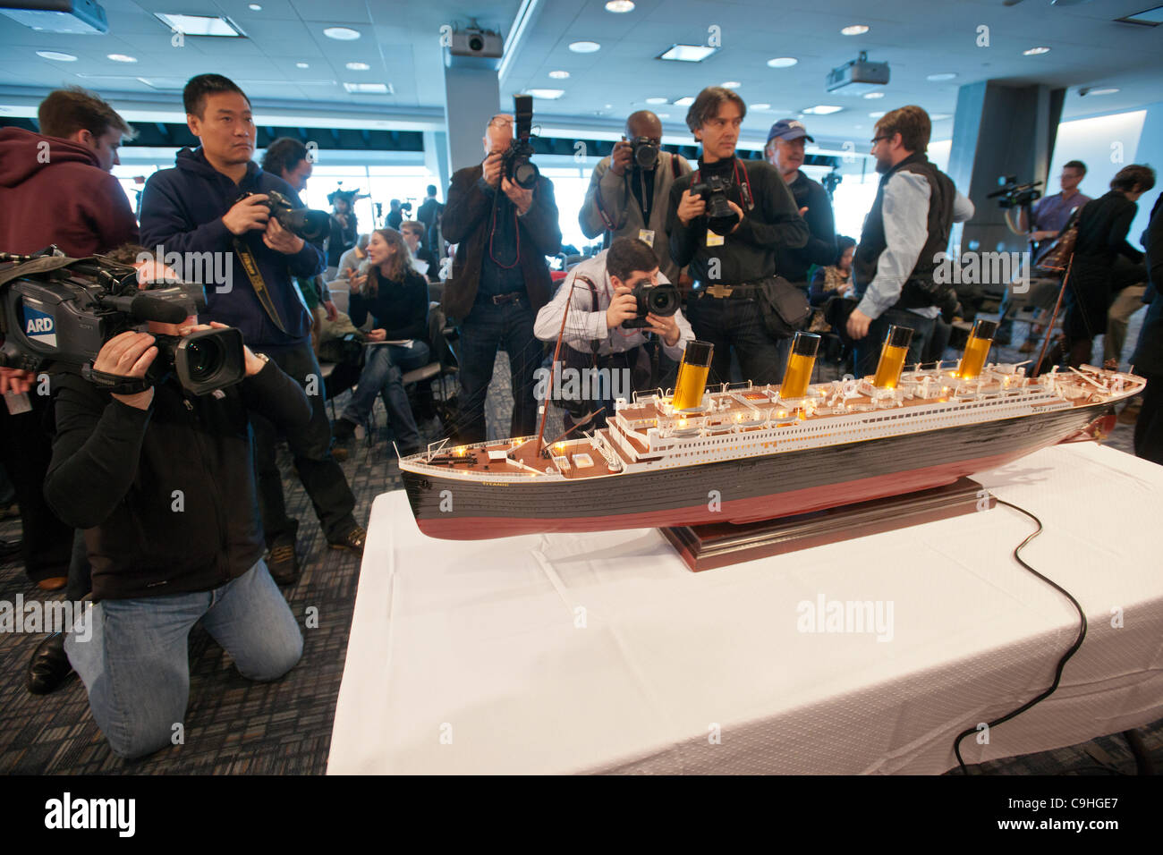 Scale model of the Titanic on display at a media preview for the ...