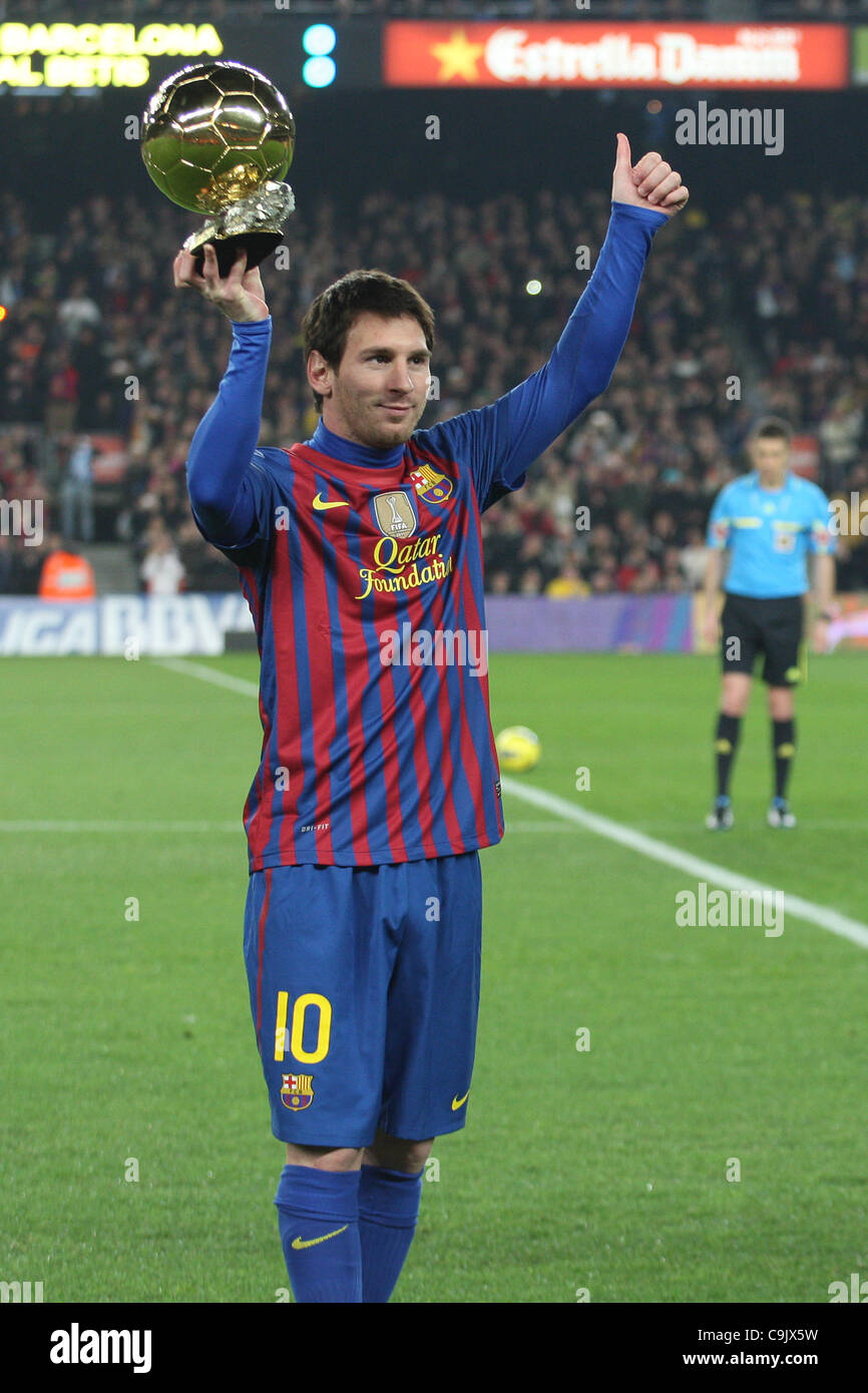 15.01.2012. Barcelona, Spain Barcelona's Lionel Messi presents his Fifa ...